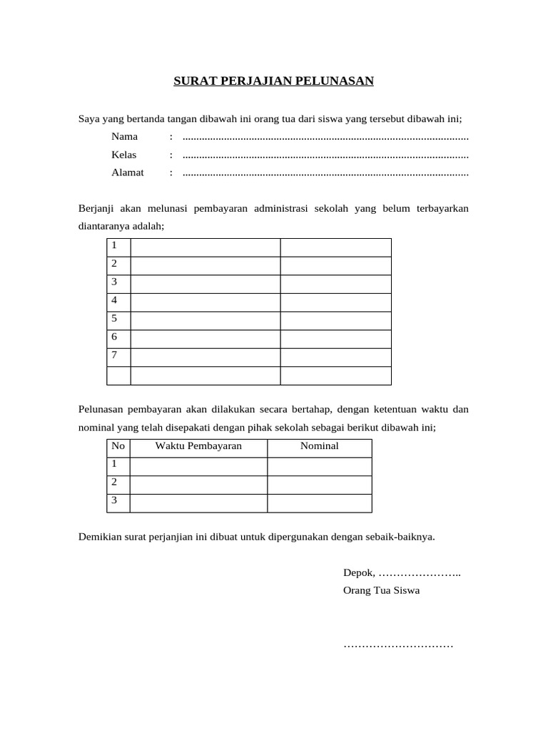Surat Perjanjian Pelunasan Sekolah | PDF