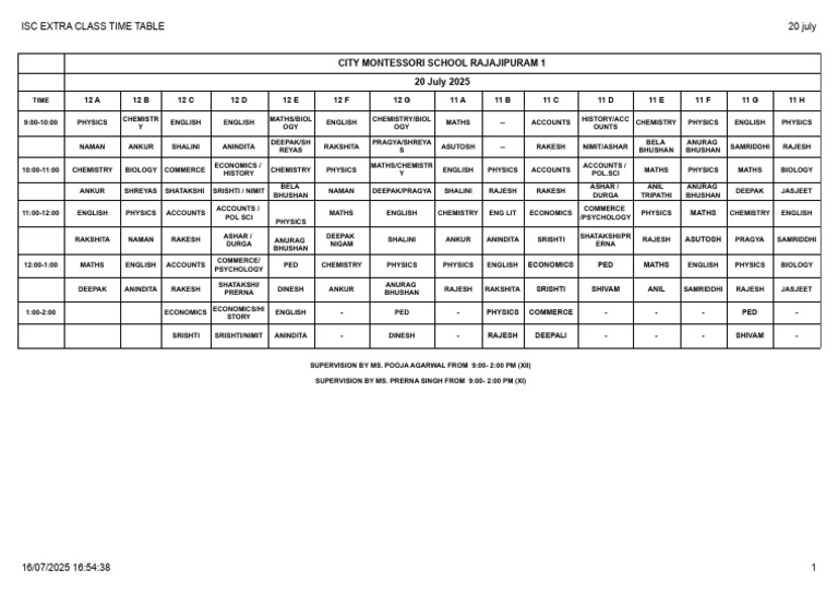 Isc Extra Class Time Table - 20 July | PDF