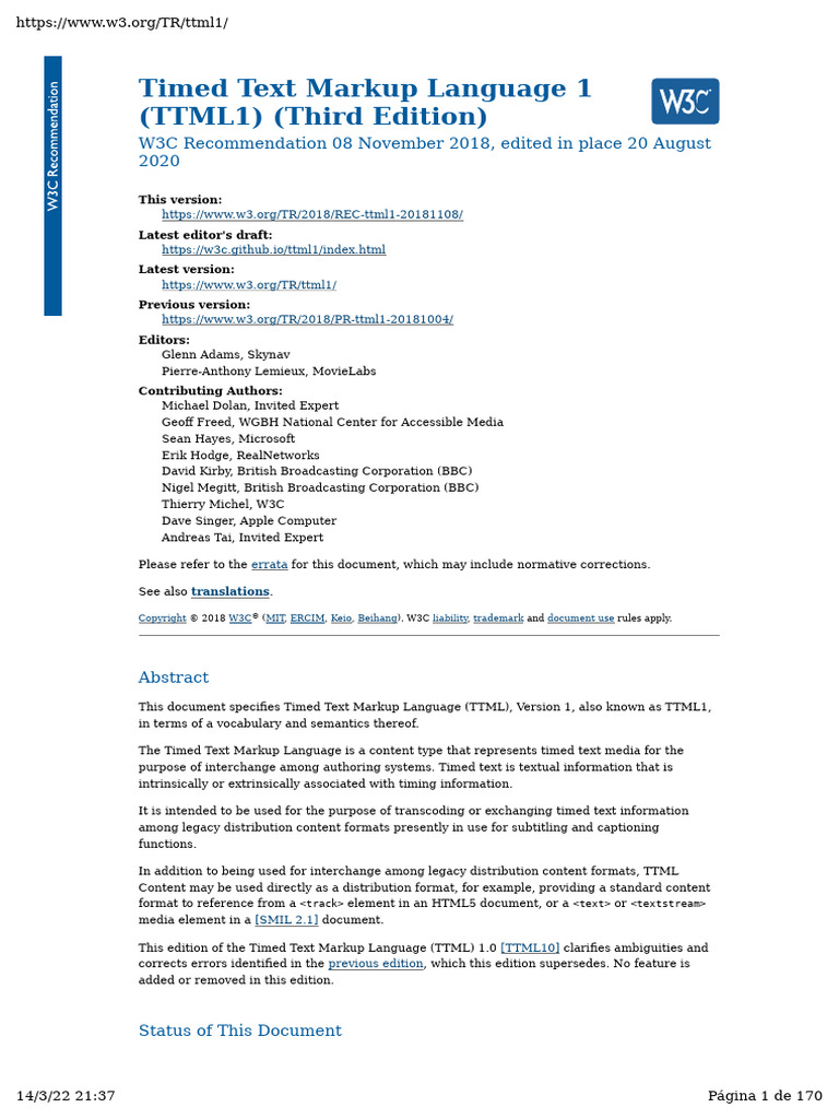 TTML1: Timed Text Markup Language | PDF | Xml | Xml Schema