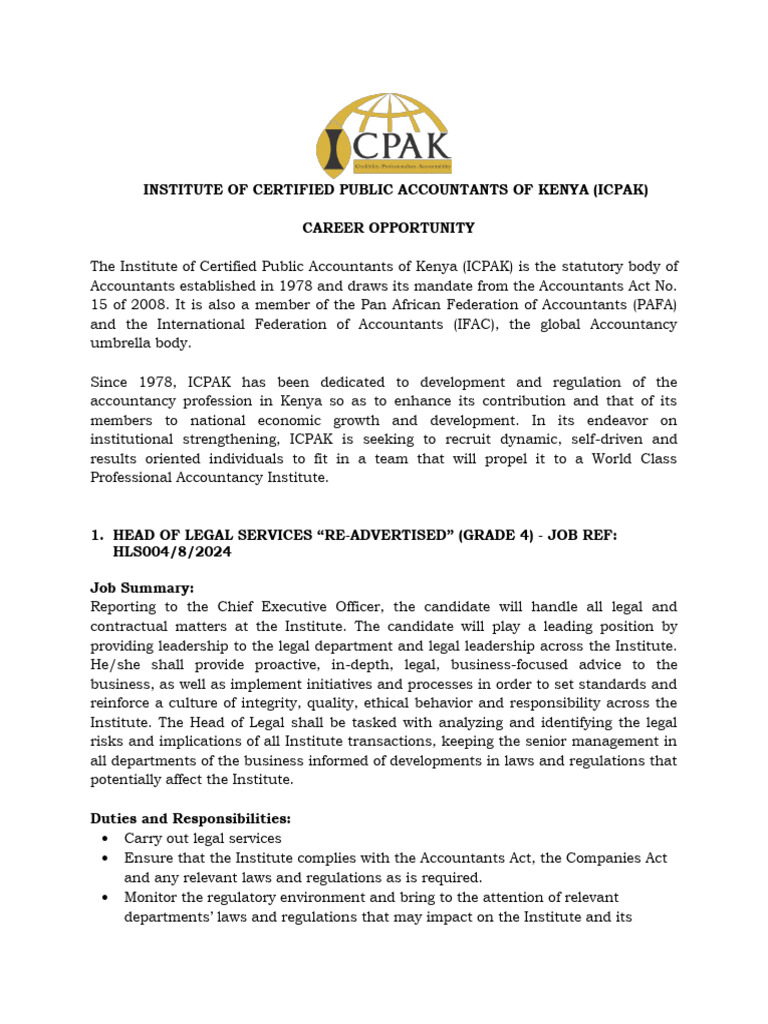 Icpak Career Opportunity August 2024 | PDF | Regulatory Compliance | Mediation