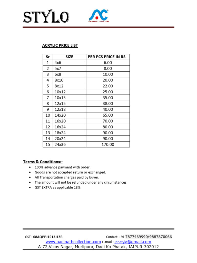 Acrylic Price List for Stylo Zizi | PDF