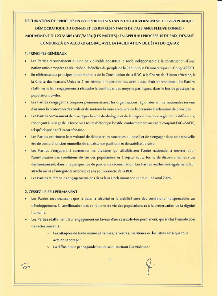 French Signed Declaration of Principles DRC and Afc-M23 | PDF