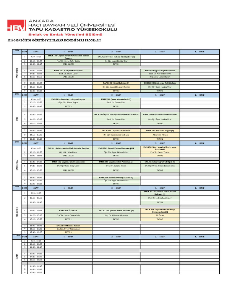 2024-2025 Bahar Ders Programi-Emlak | PDF