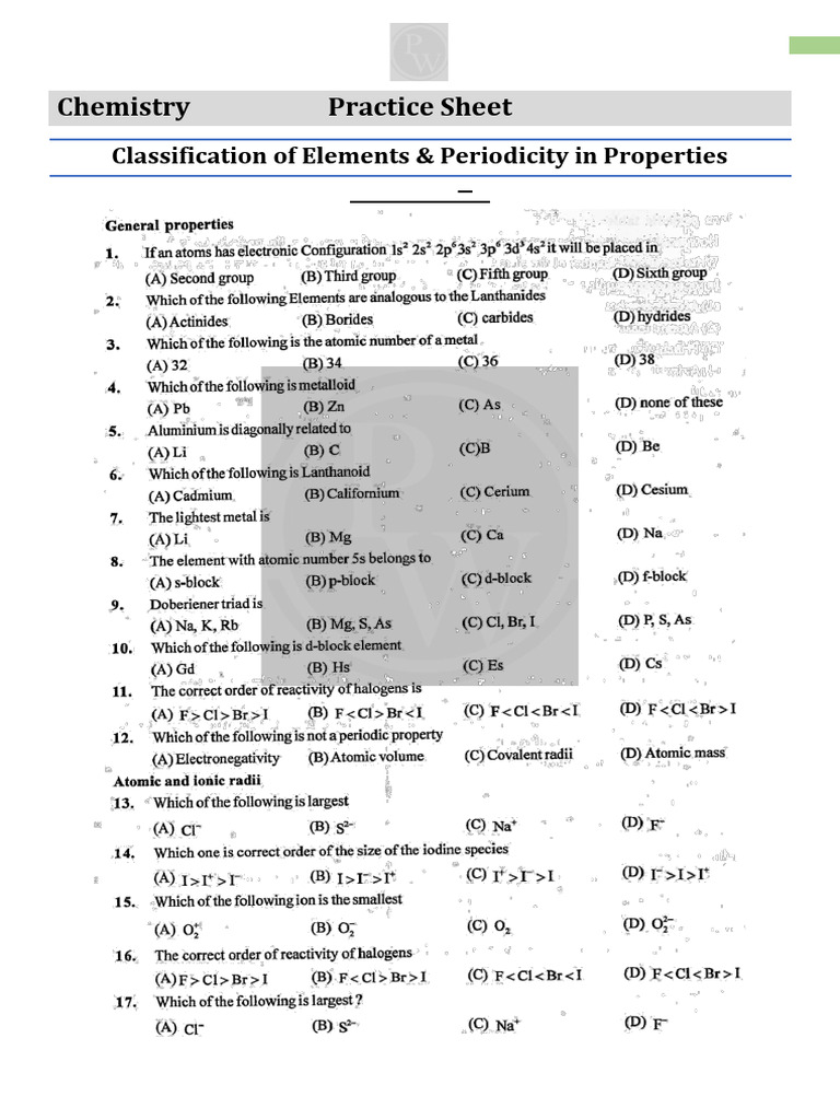 Practice Sheet - Classification of Elements & Periodicity in Properties - Chemistry - Abhishek ...