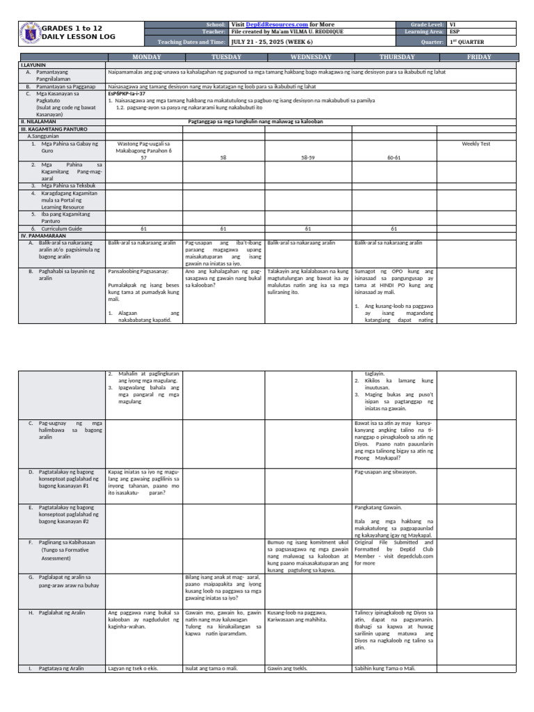 DLL - Esp 6 - Q1 - W6 | PDF