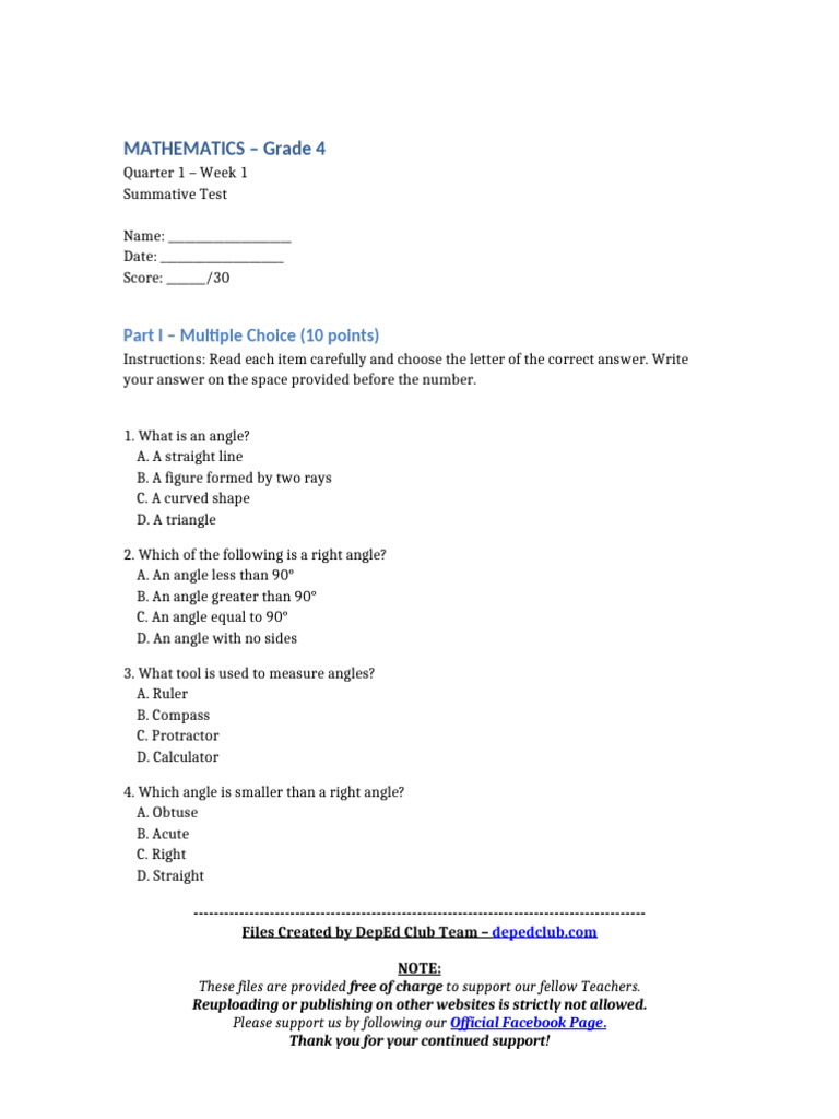 Summ - Test Mathematics 4 q1 w1 | PDF | Angle | Triangle
