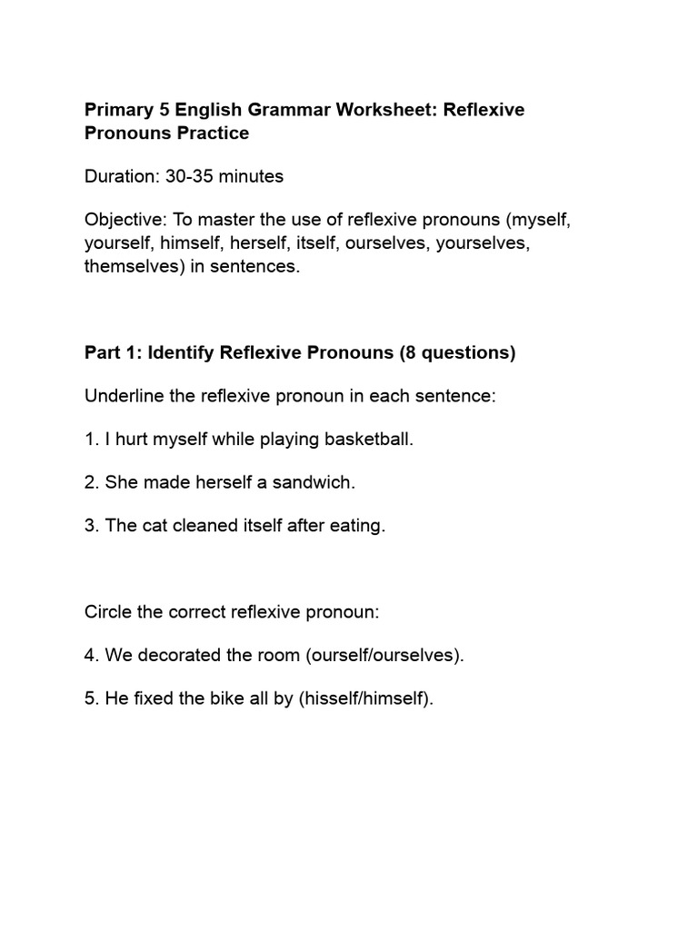Reflexive Pronouns Practice Worksheet | PDF