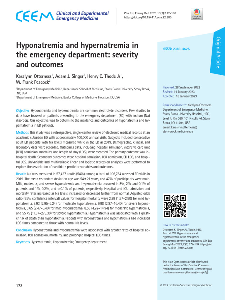 Hyponatremia & Hypernatremia in ED Outcomes | PDF | Intensive Care Unit ...