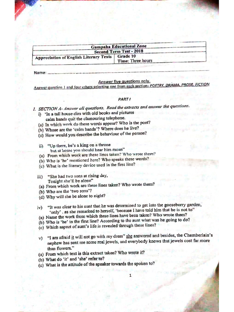 English Literature Grade 10 Second Term Test 2018 - Gampaha Zone | PDF