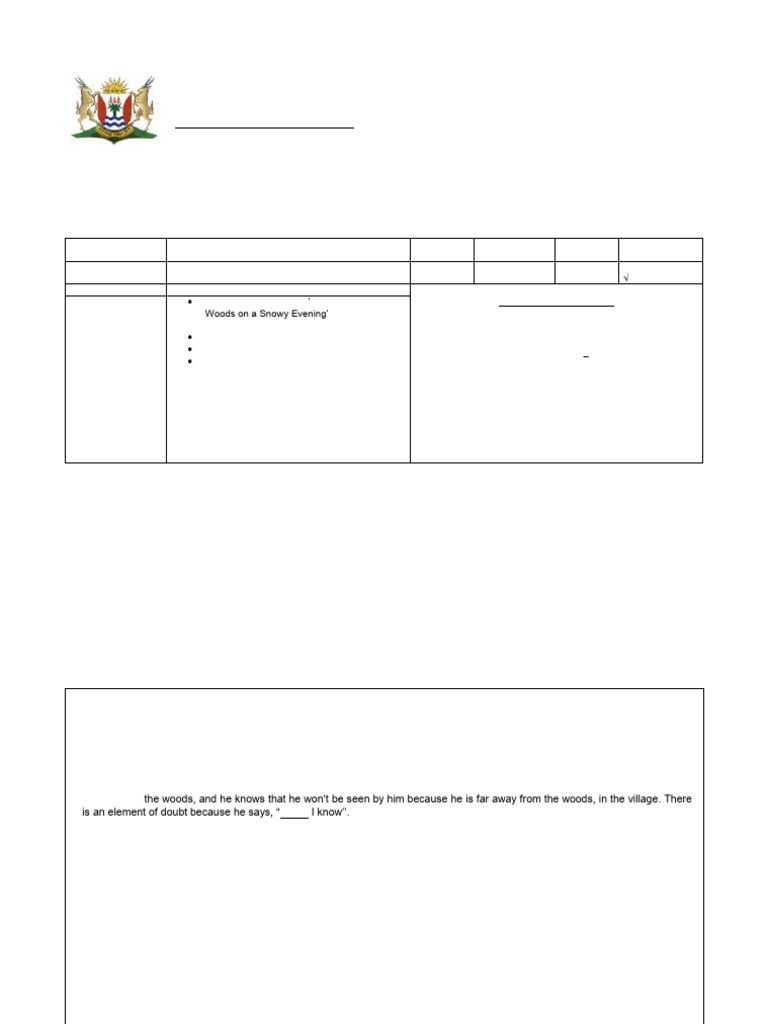 English HL Grade 10 Worksheet Stopping by The Woods On A Snowy Evening ...