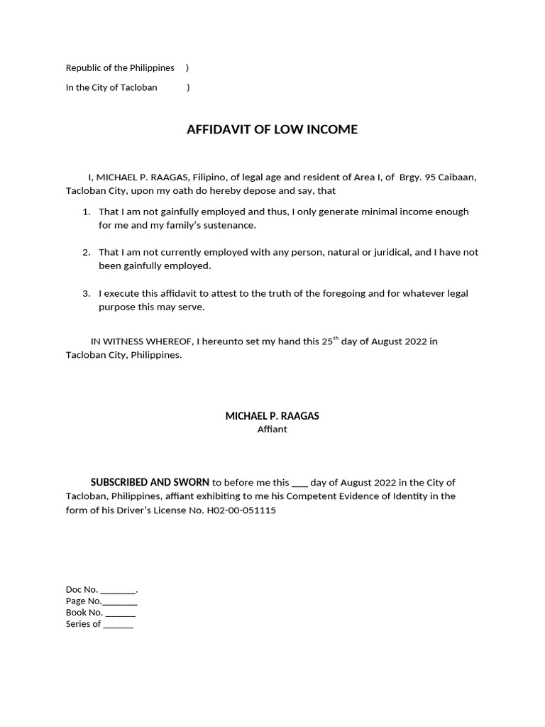 Notarized Affidavit of Low Income | PDF