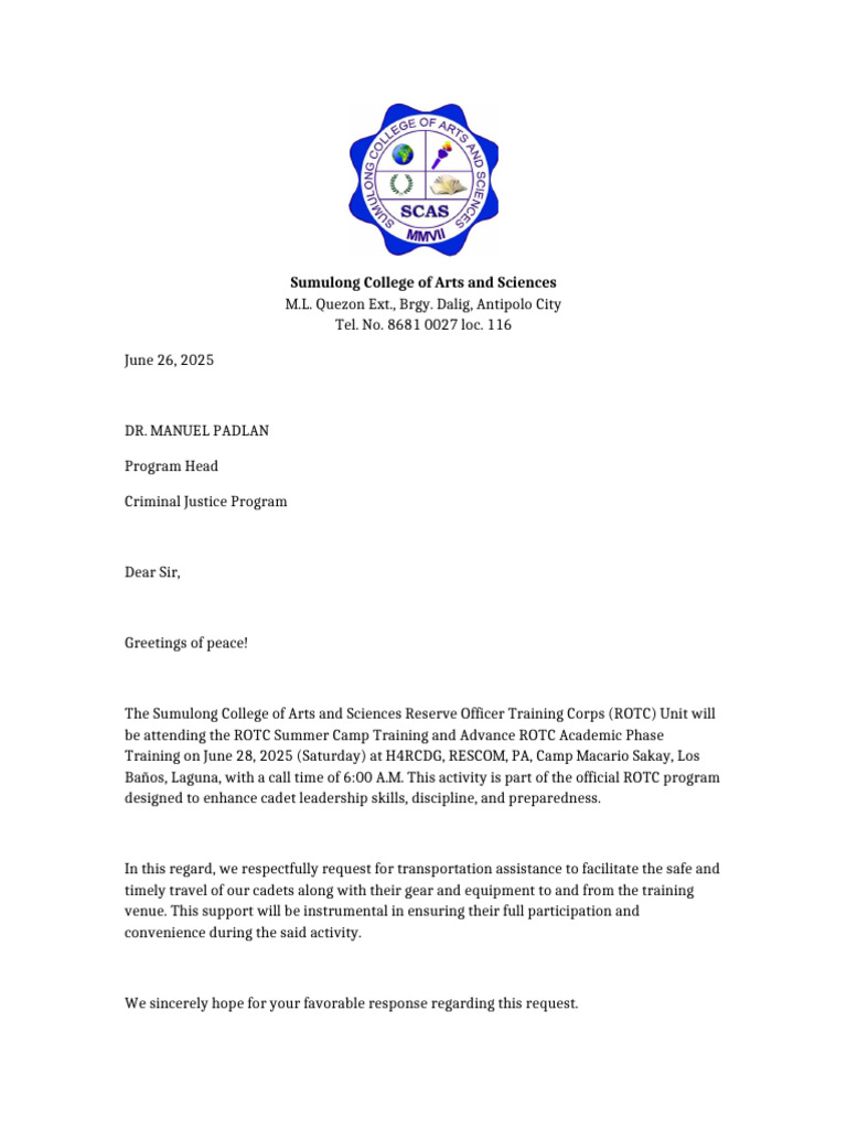 ROTC Transport Request Letter With Logo | PDF