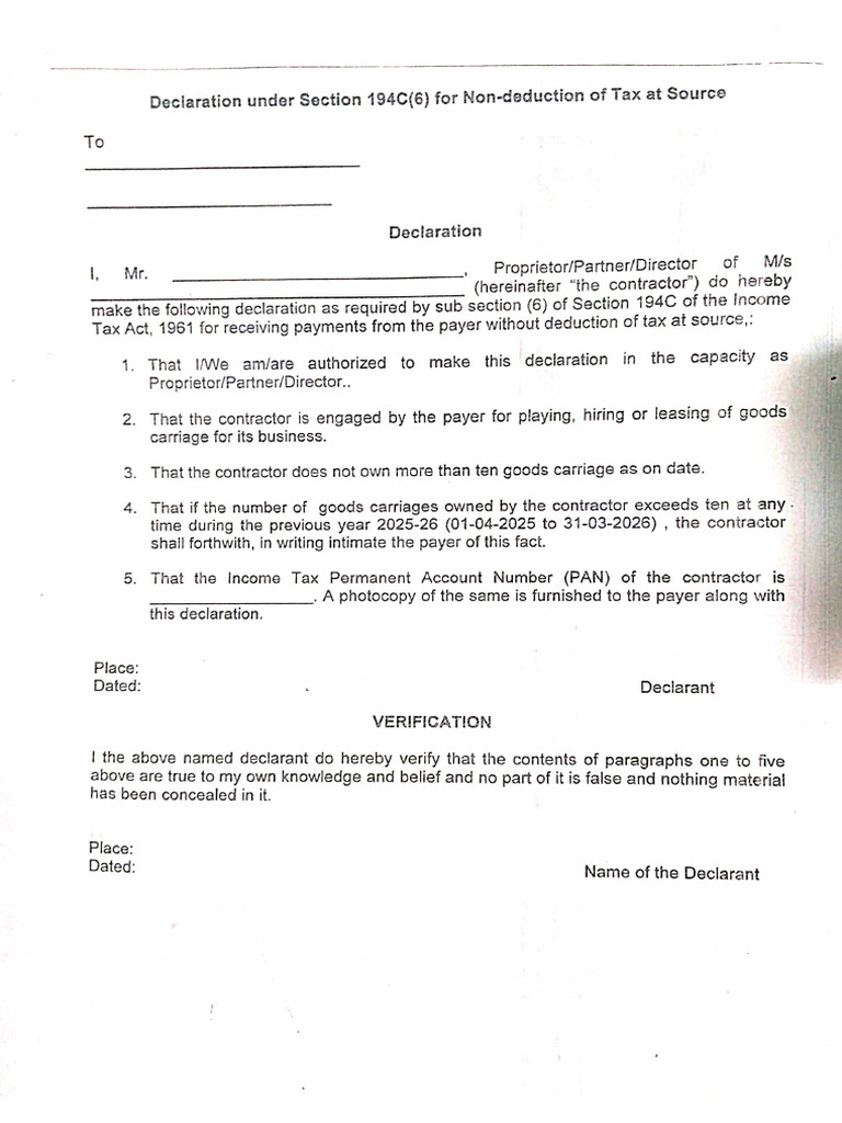 Tds Declaration Form 2025 - 2026 | PDF