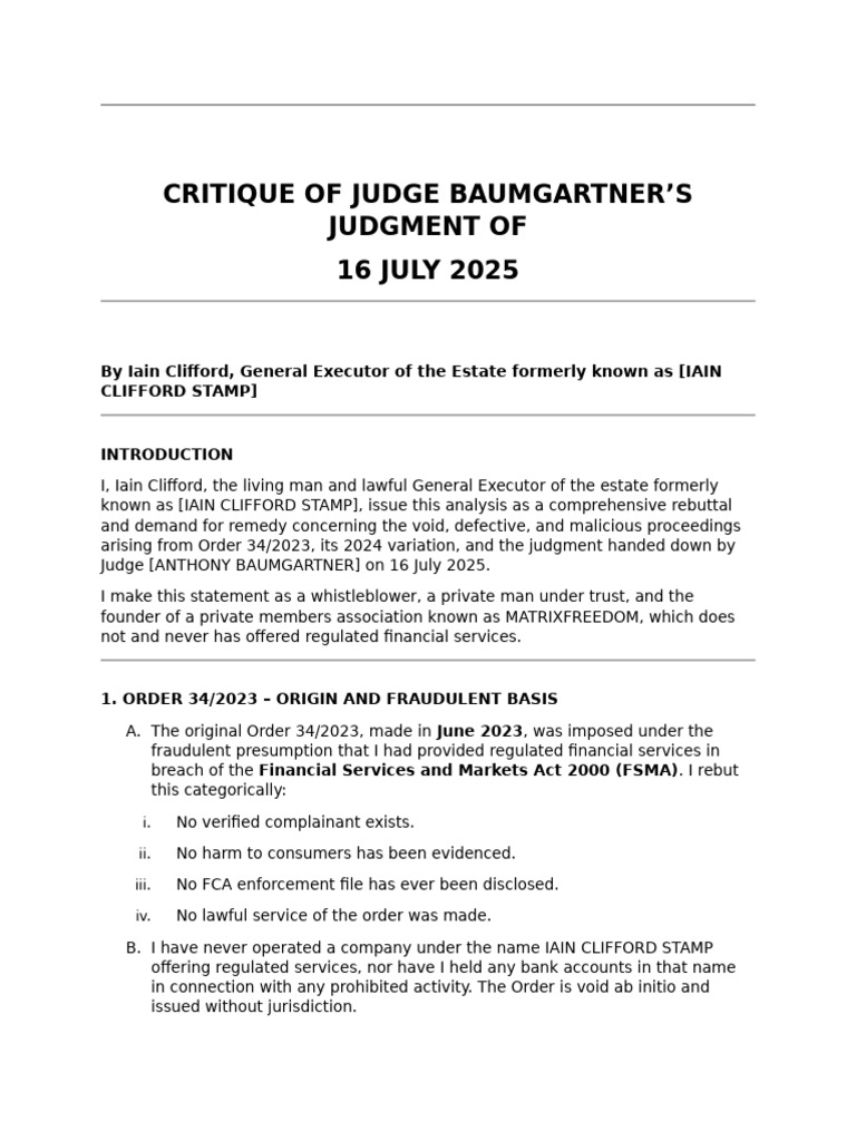 Critique of Judge Baumgartner's Judgment of 16th July 2025 | PDF ...