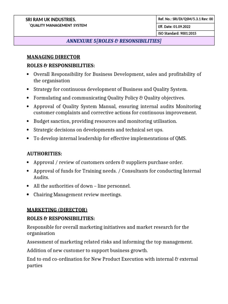 Annexure 5 Role & Responsibilities | PDF | Quality Assurance | Audit