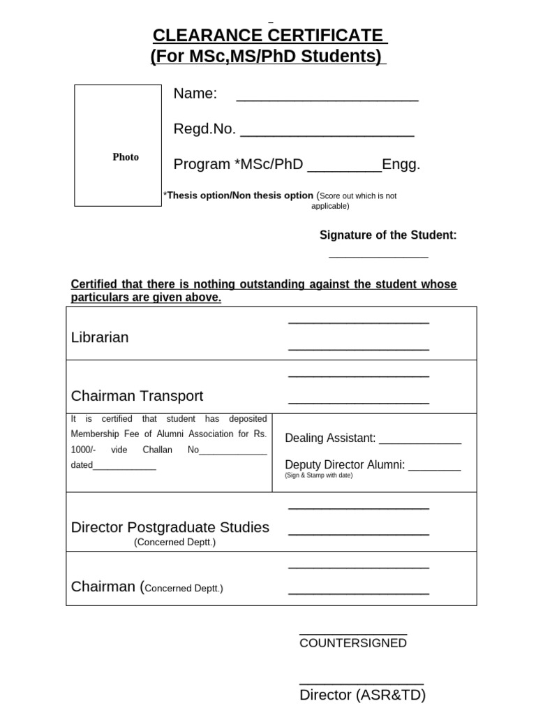 Clearance Form For PHD-MSC Students | PDF