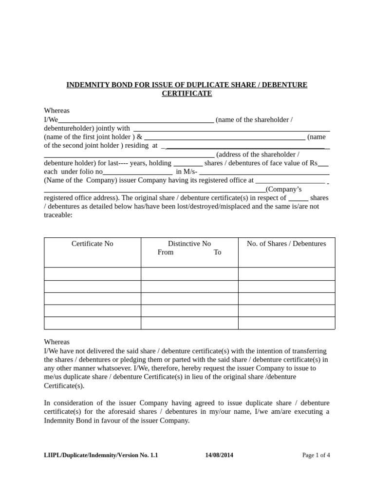 Indemnity Bondand Surety For Issue of Duplicate Share Certificate 1 ...