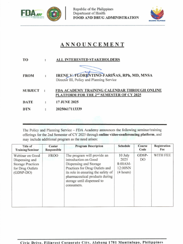 FDA Academy Training Calendar Through Online Platform For The 2nd Sem ...