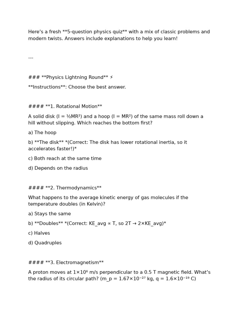 5-Question Physics Quiz with Explanations | PDF