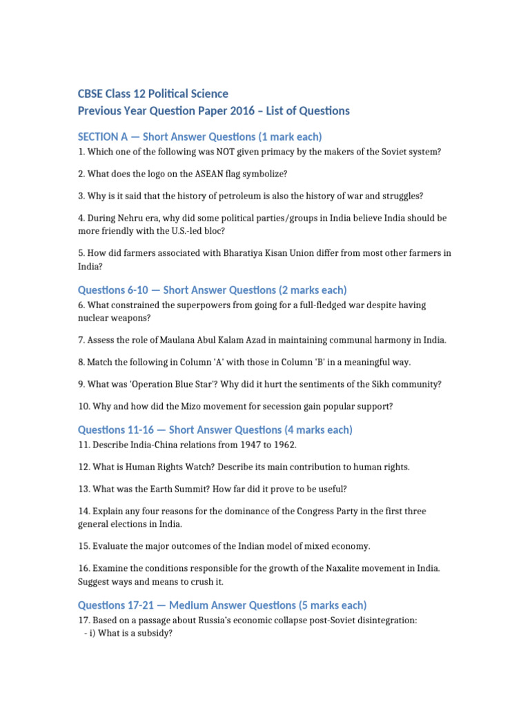 2016 CBSE Class 12 Political Science Paper | PDF | Global Politics ...