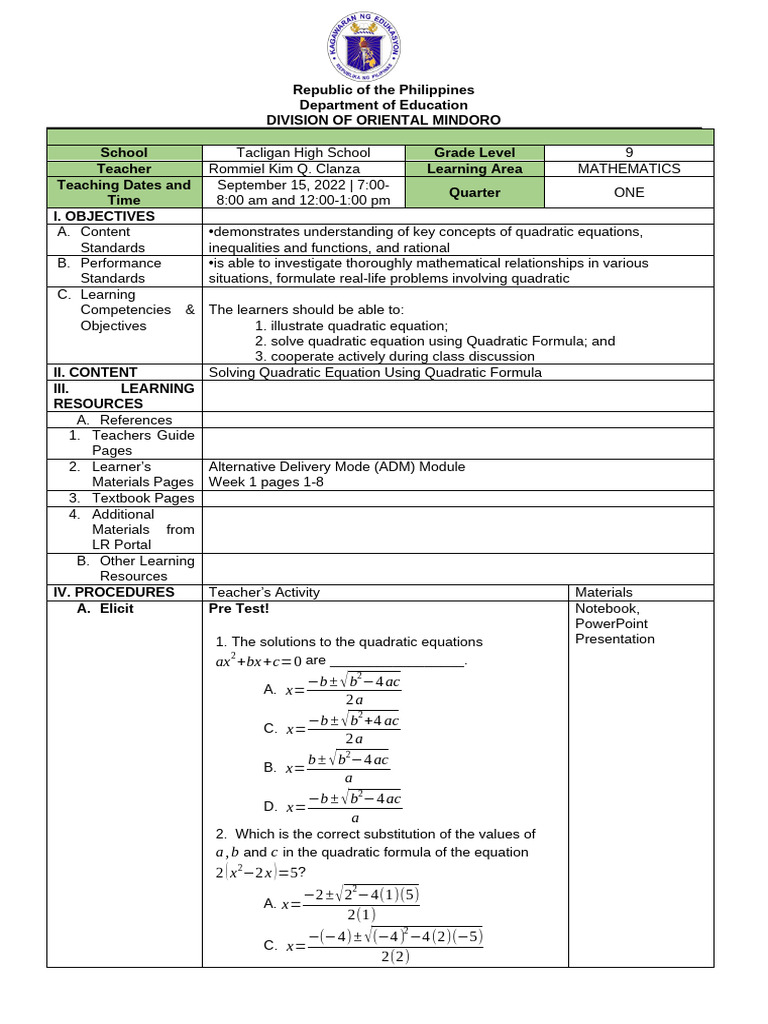 SDLP 5 MATH 9 Solving QE by Q Formula | PDF | Quadratic Equation ...