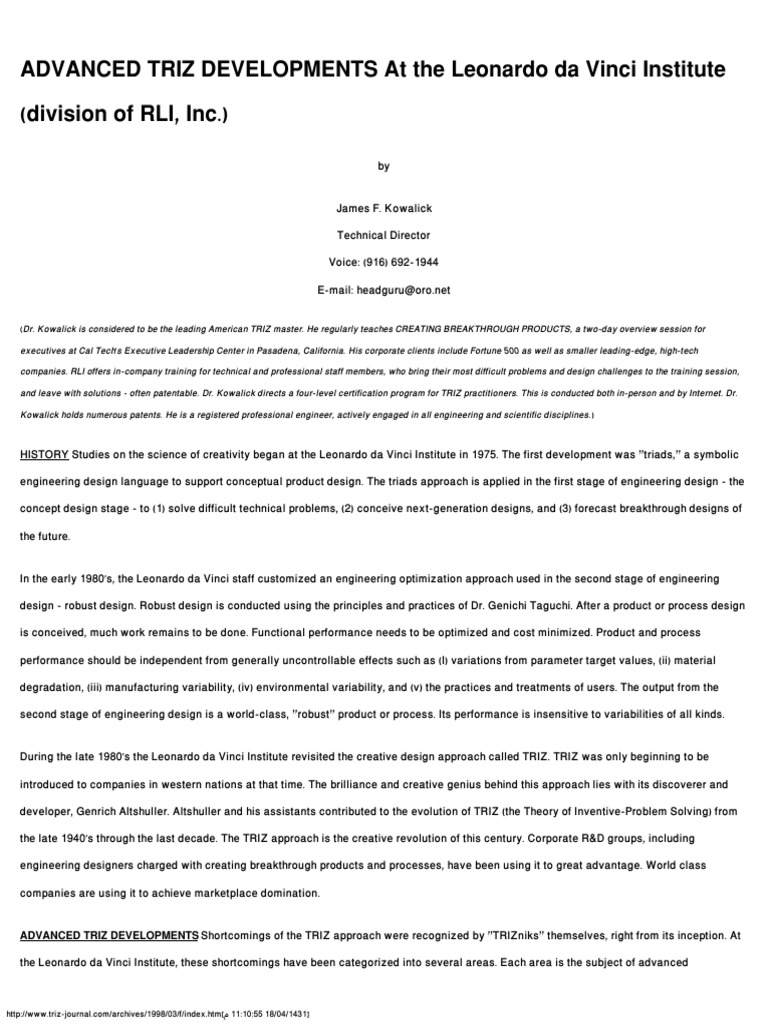 Advanced Triz Developments at The Leonardo Da Vinci Institute | PDF | Function (Mathematics ...