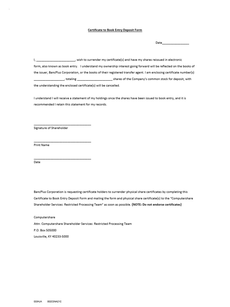 Certificate to Book Entry Deposit Form | PDF