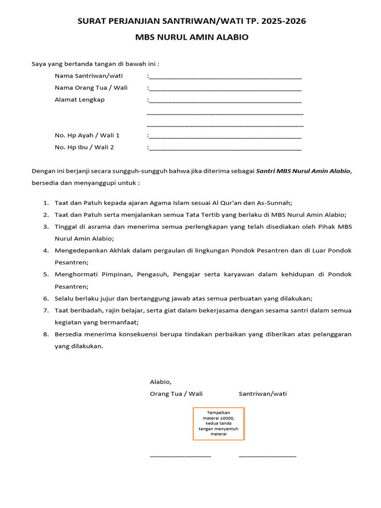 Surat Perjanjian Santri TP 25-26 | PDF