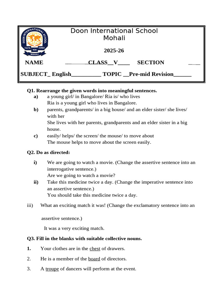 Class V English Pre-Mid Revision Guide | PDF