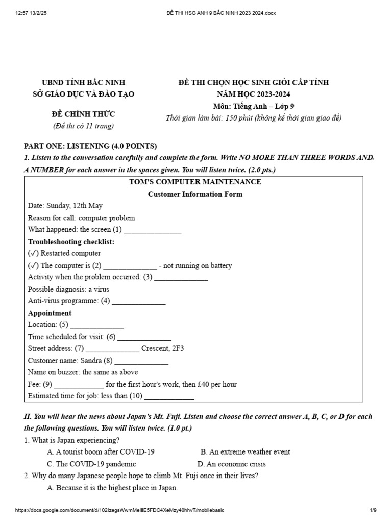 881689236 Đề Thi Hsg Anh 9 Bắc Ninh 2023 2024 Docx Former | PDF | Fat | Egg