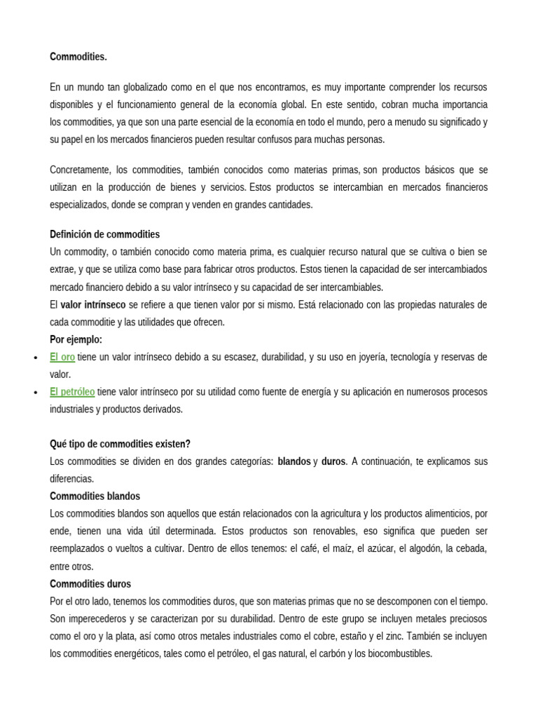Definición y tipos de commodities | PDF | Precios | Mercado (economía)
