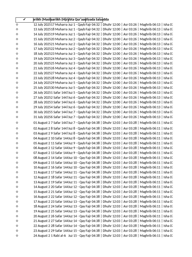 Jadwalka Quraanka Hijri Salaad 90maalmood | PDF
