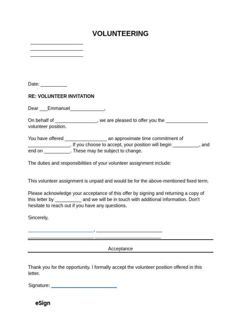 Volunteer Position Acceptance Letter | PDF
