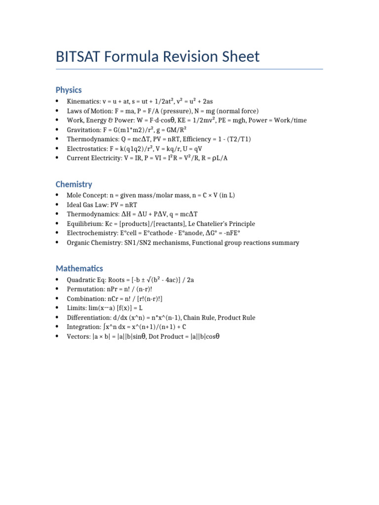 BITSAT Formula Revision Sheet | PDF