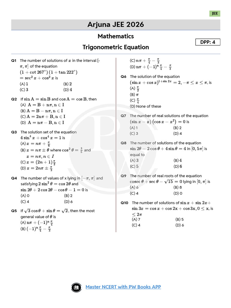 Trigonometric Equation - DPP 04 (Of Lec 07) | PDF | Trigonometric Functions | Euclid