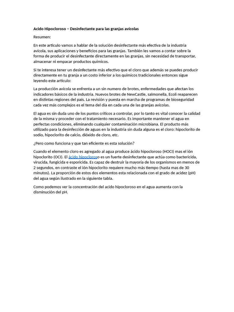 Acido Hipocloroso - Desinfectante para Las Granjas Avícolas | PDF ...