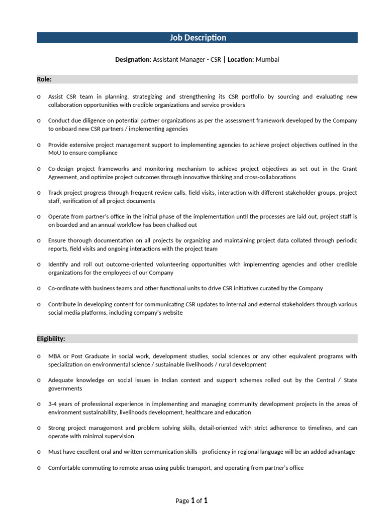JD - Assistant Manager - CSR | PDF | Corporate Social Responsibility ...