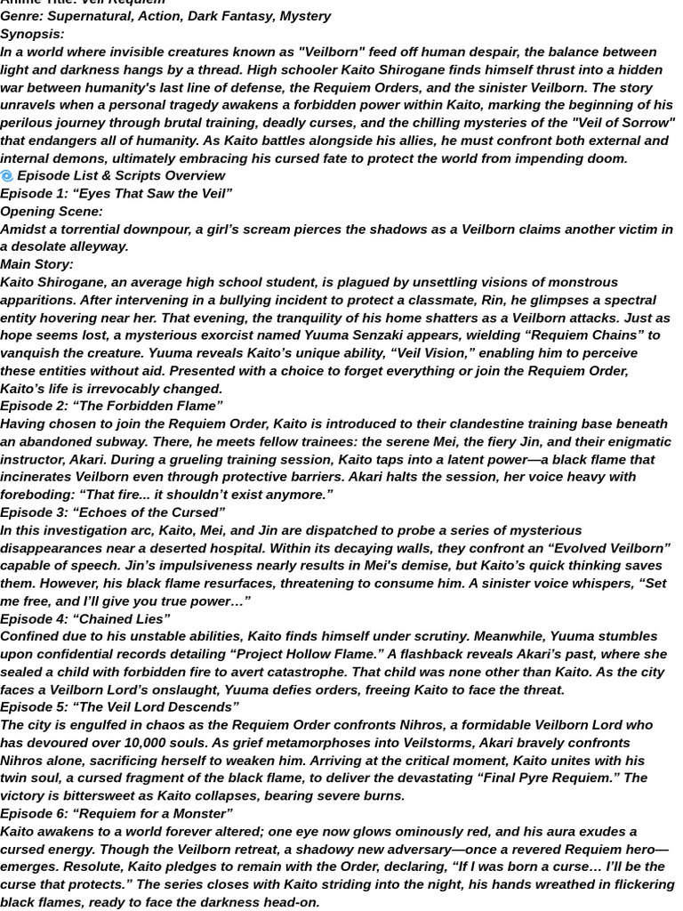 Anime Title Veil Requiem Genre Supernatural, Action, Dark Fantasy ...