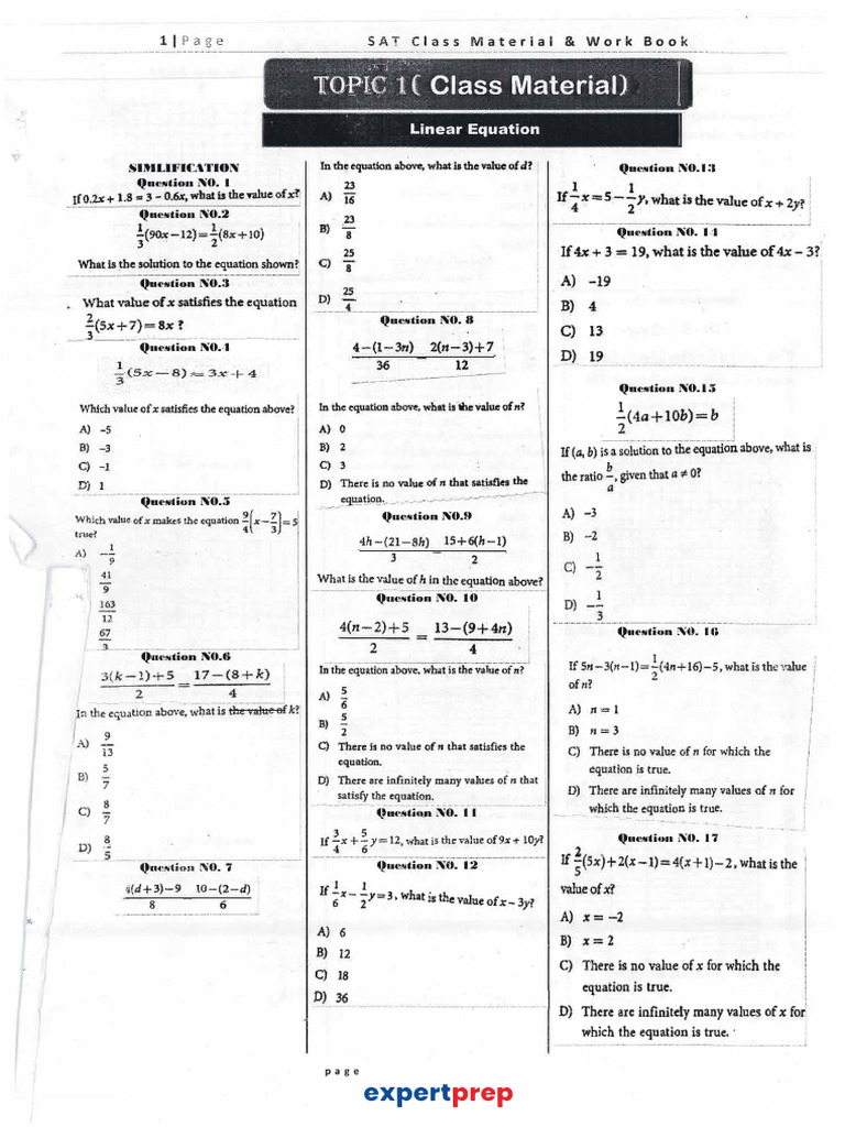 SAT Math Workbook Questions | PDF | Equations | Mathematical Objects
