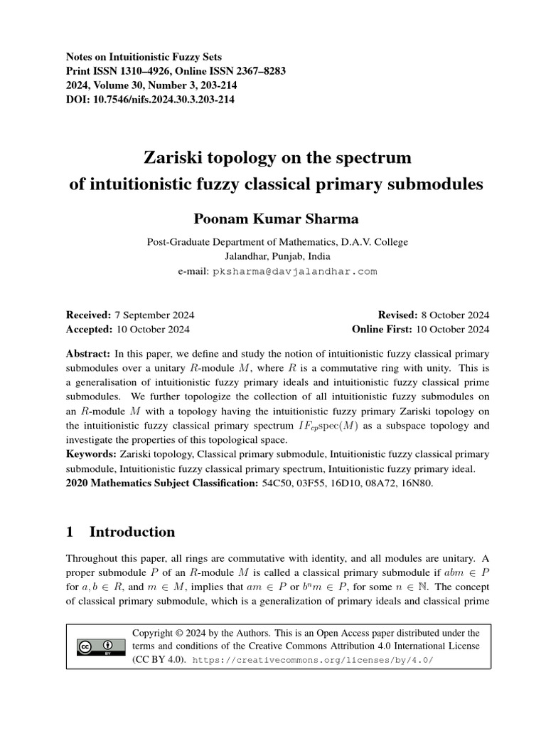 Zariski Topology On The Spectrum of Intuitionistic Fuzzy Classical ...