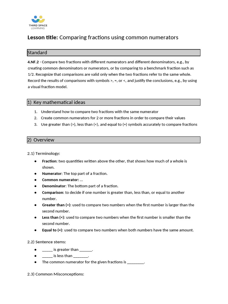 Sample 4th Grade Tutor Notes - Comparing Fractions Using Common ...