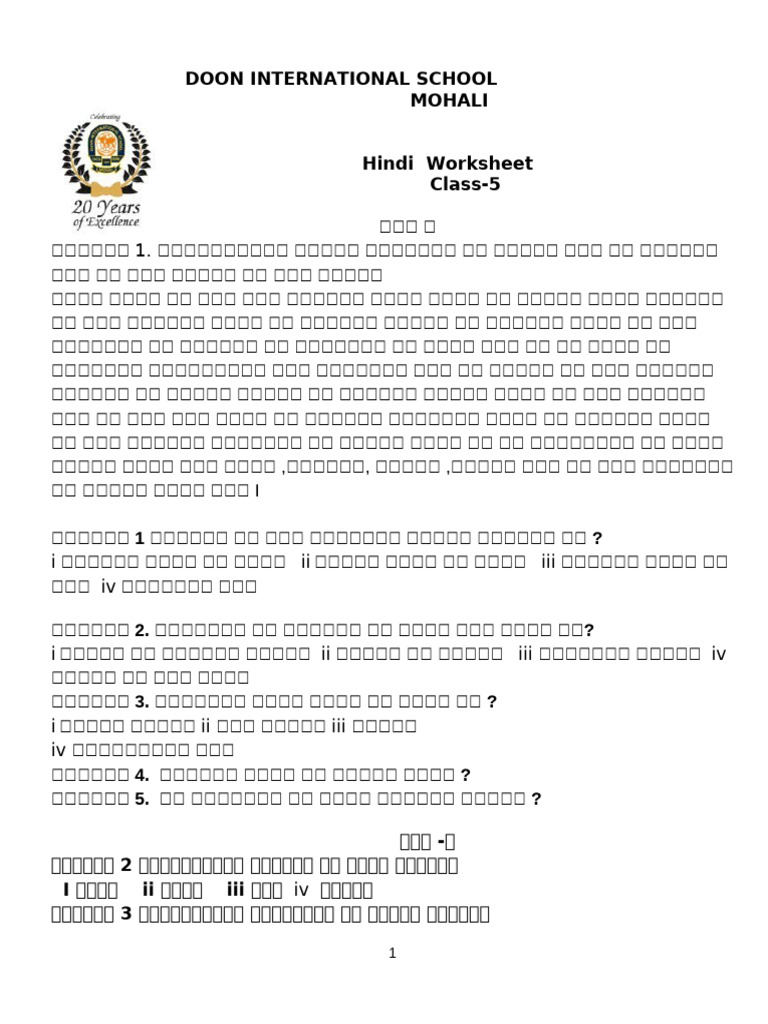 Class 5 Hindi Worksheet PRE MID TERM | PDF