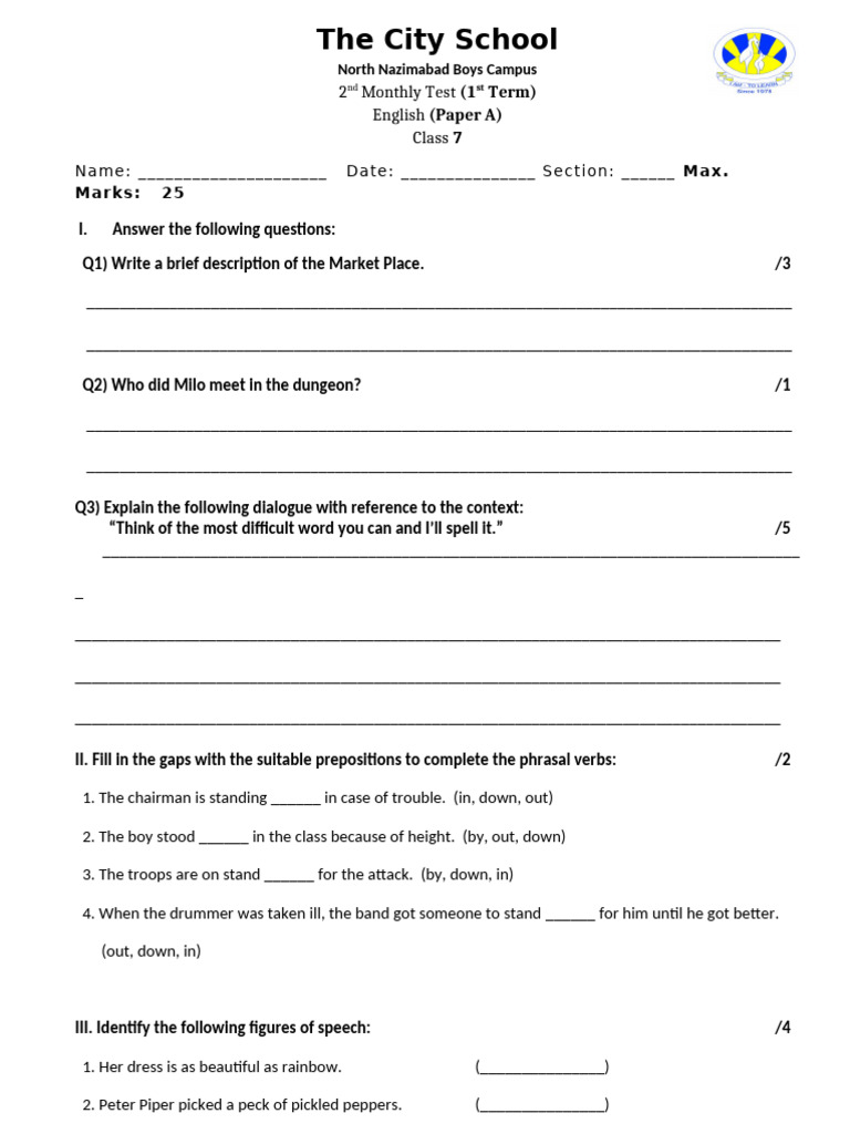 Class 7 Enga 2nd Mthly Test 25102019 | PDF | Language Mechanics ...