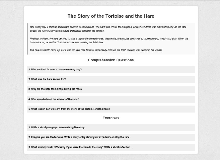 The Tortoise and The Hare - Comprehension Exercise | PDF