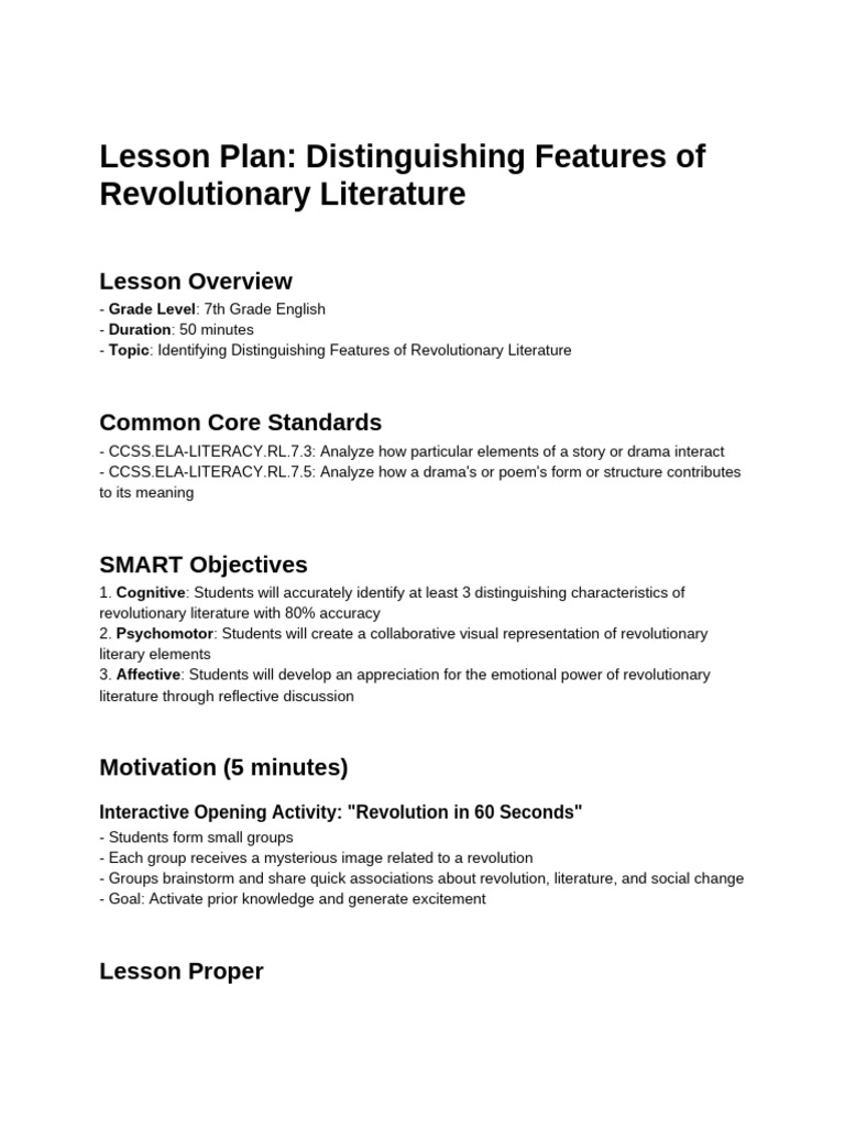 Revolutionary Literature Lesson Plan | PDF | Emotions | Lesson Plan
