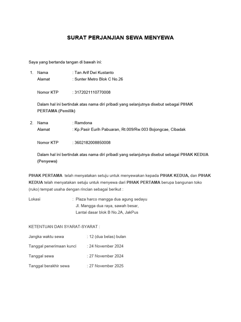 Surat Perjanjian Sewa Ruko 2024 | PDF