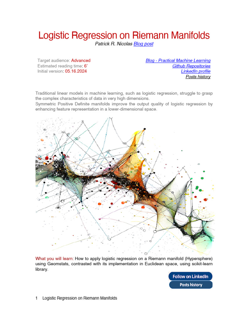 Logistic Regression On Riemann Manifolds 1716593766 | PDF | Differential Geometry | Manifold