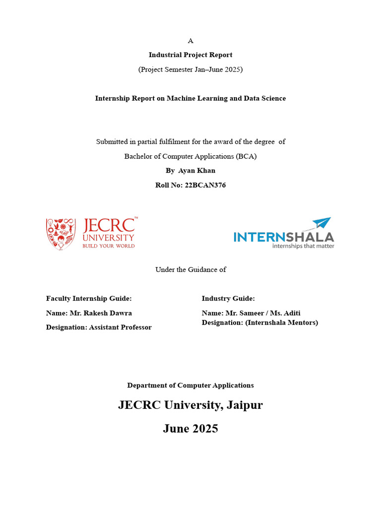 BCA Internship Report JECRC UNIVERSITY | PDF | Machine Learning | Data Science