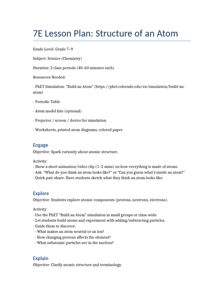 7E Lesson Plan: Understanding Atoms | PDF | Atoms | Proton