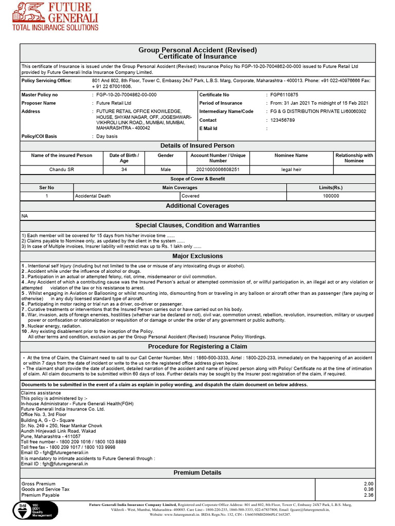 Policy Certificate | PDF | Insurance